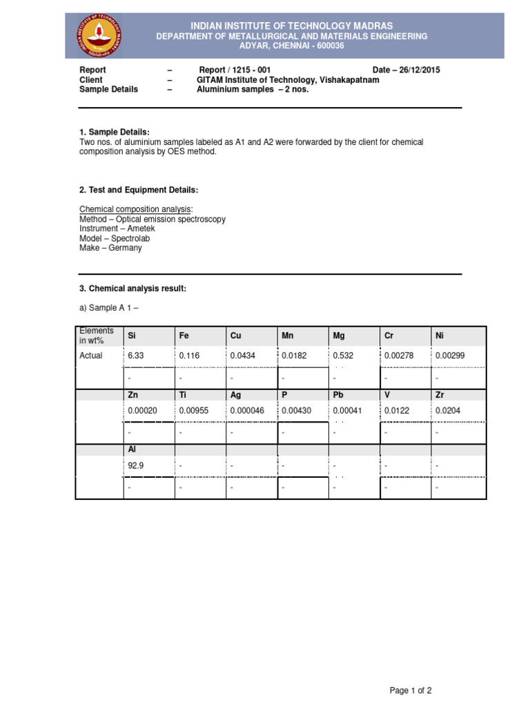 A356 Chemical Composition Analysis Report | PDF | Physical Chemistry ...