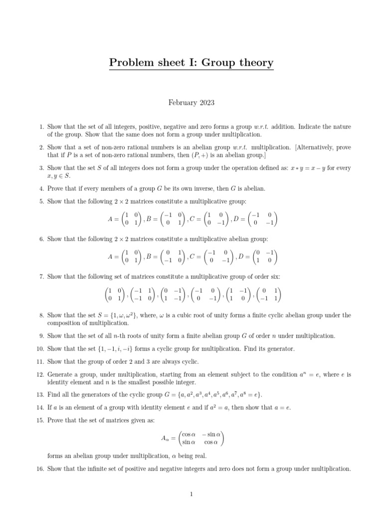 Group Theory Problem Sheet I | PDF | Group (Mathematics) | Matrix (Mathematics)