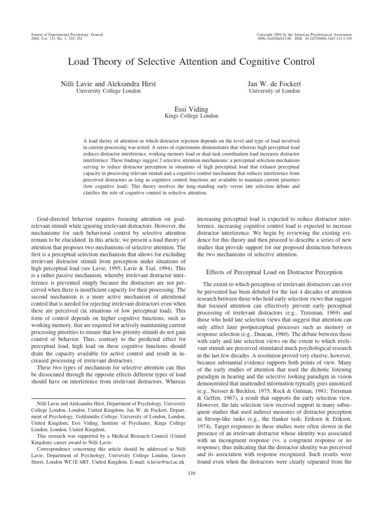 Load Theory of Selective Attention and Cognitive Control | PDF ...