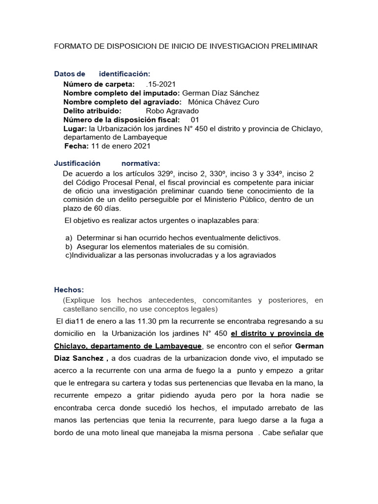 Formato de Disposicion de Inicio de Investigacion Preliminar - Ydb ...