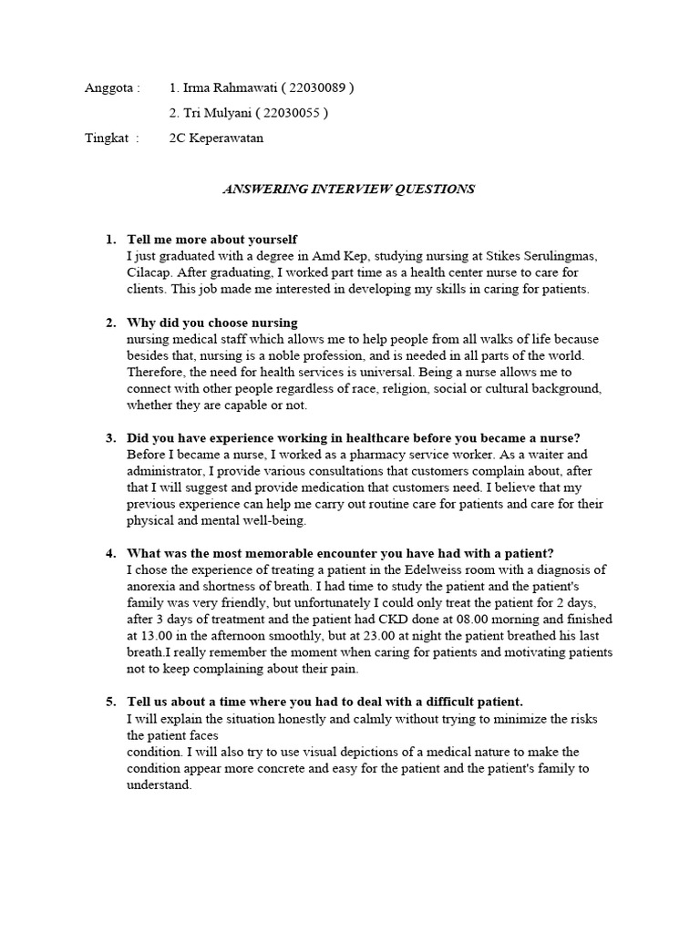 Tugas Bahasa Inggris Interview Irma & Tri 2C Kep | PDF | Nursing | Patient
