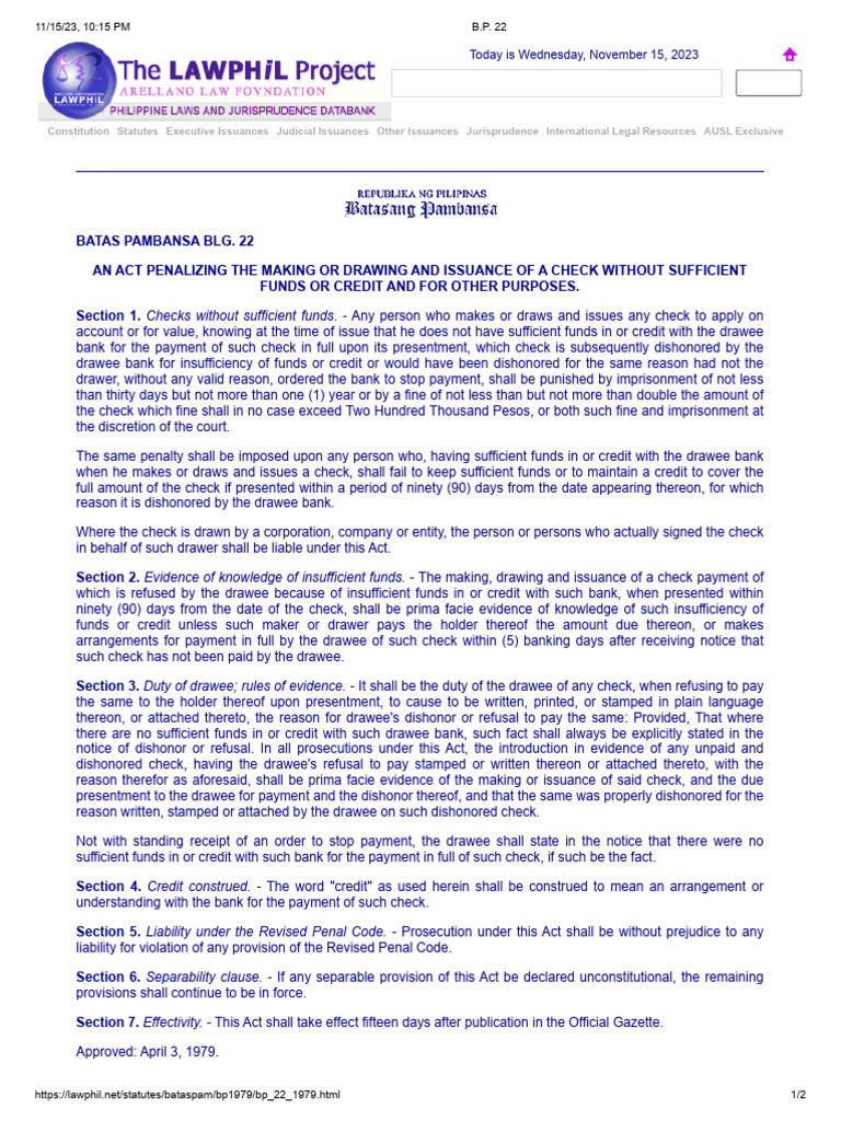 B.P. 22 | PDF | Government | Public Law