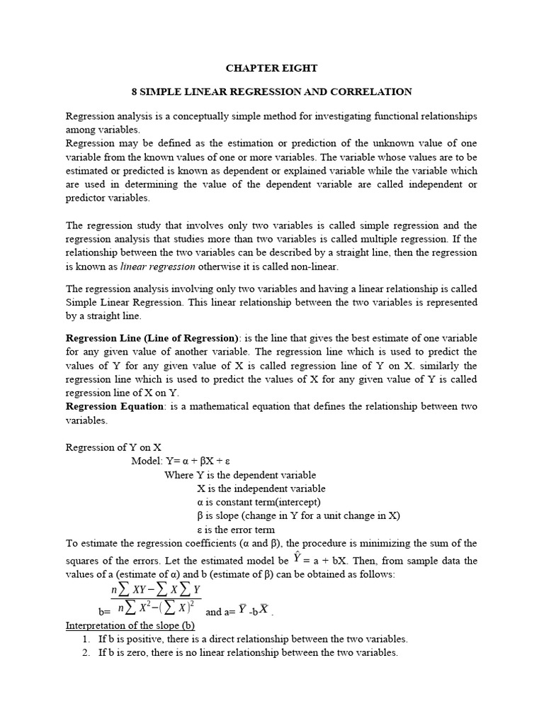 Chapter Eight 8 Simple Linear Regression and Correlation: N XY X Y N X X | PDF | Linear ...