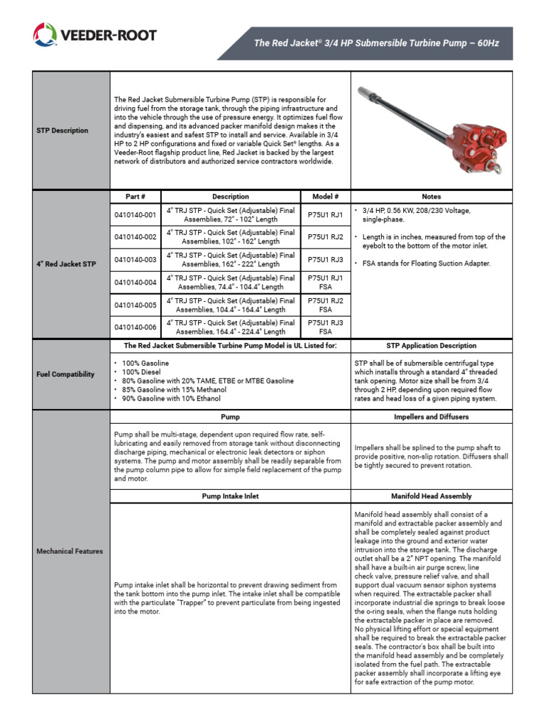 Ficha Tecnica - Red Jacket 3-4 HP Submersible Turbine Pump 60Hz | PDF ...