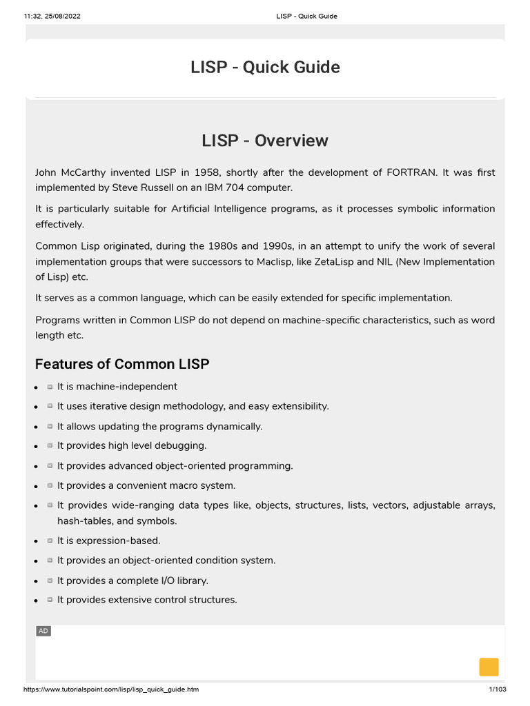 LISP - Quick Guide | PDF | Variable (Computer Science) | Parameter (Computer Programming)