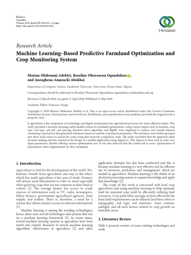 Research Article: Machine Learning-Based Predictive Farmland Optimization and Crop Monitoring ...