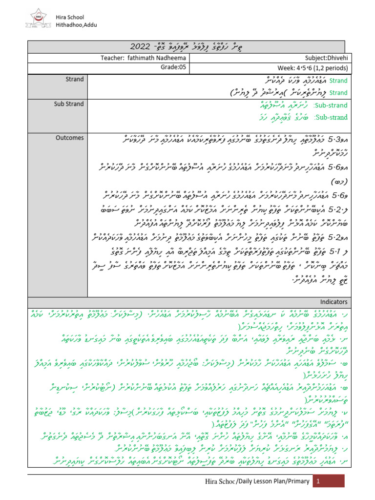 Lesson Plan 5 Dhivehi Lesson 1,2,3,4,5 and 6 | PDF