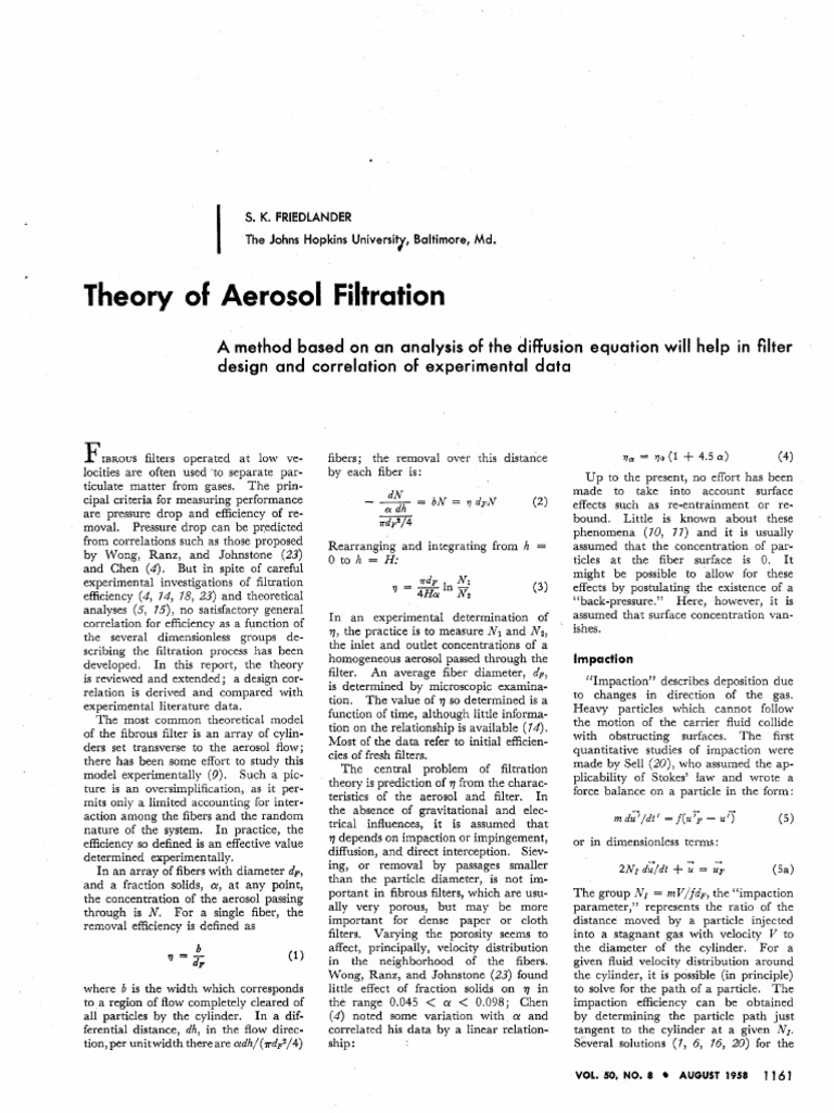 TheoryofAerosolFiltration FriedlanderPaper1958 | PDF | Aerosol ...