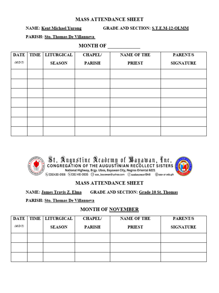 MASS ATTENDANCE SHEET | PDF