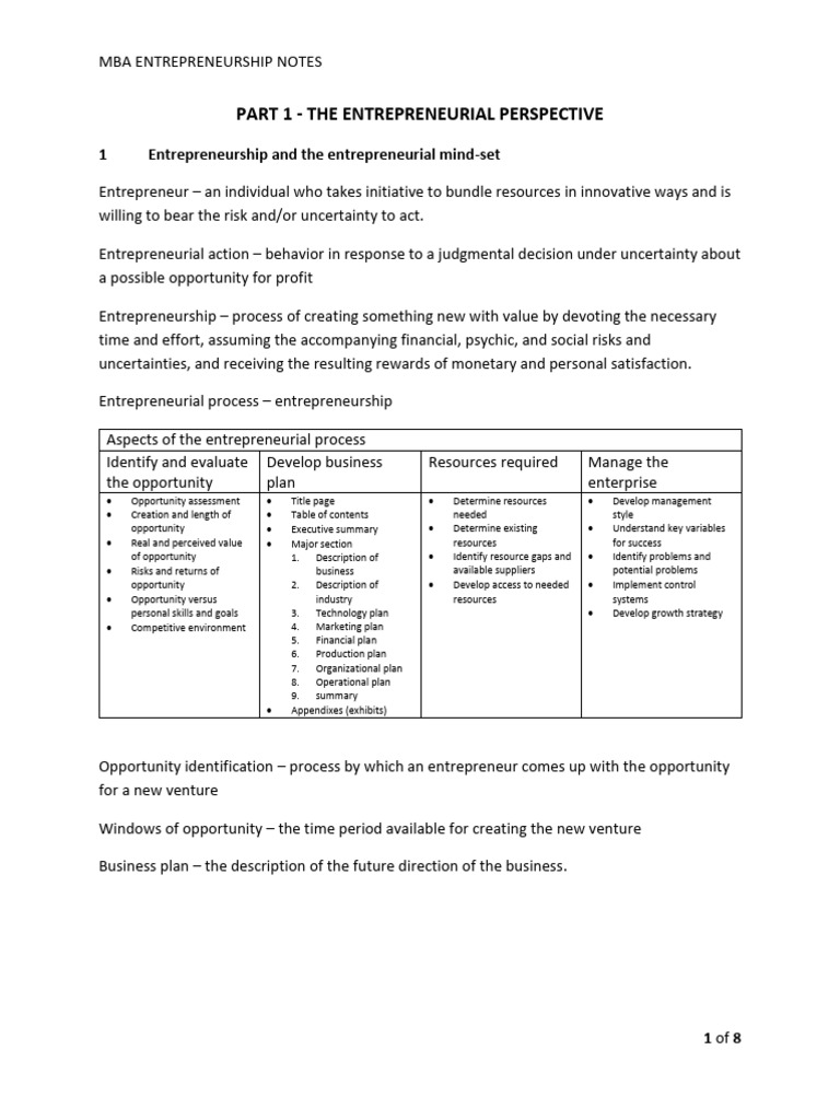 Part 01 The Entrepreneurial Perspective Pdf Entrepreneurship Risk