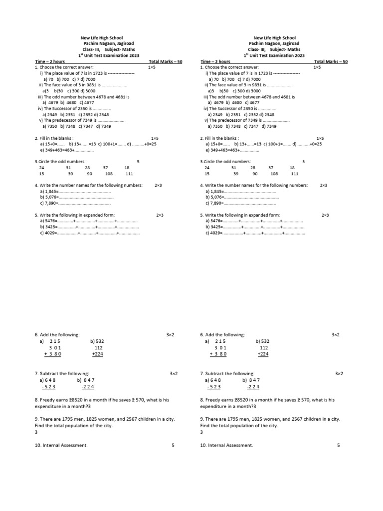 1st Ut 3 Maths | PDF