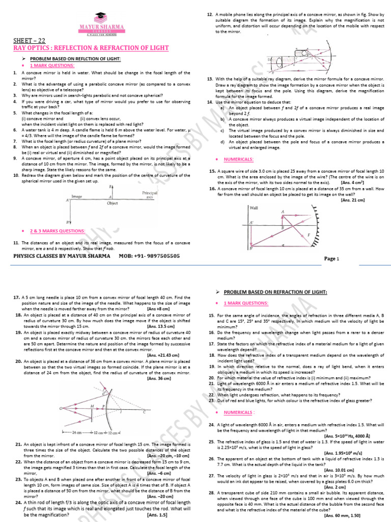 Worksheet-22 Reflection & Refraction of Light | PDF | Mirror | Glass ...