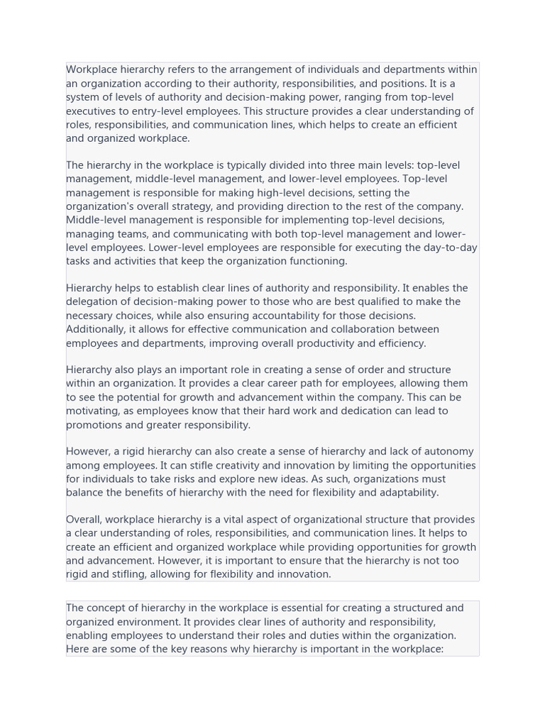 Workplace Hierarchy Refers To The Arrangement of Individuals and ...