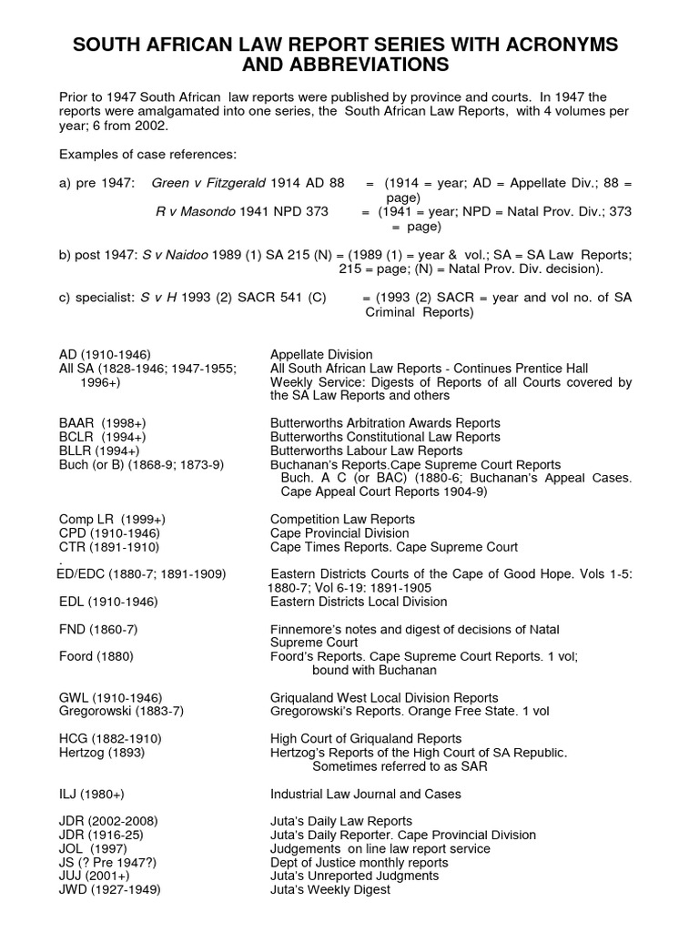 South African Law Report Series Abbreviations | PDF | Case Citation ...