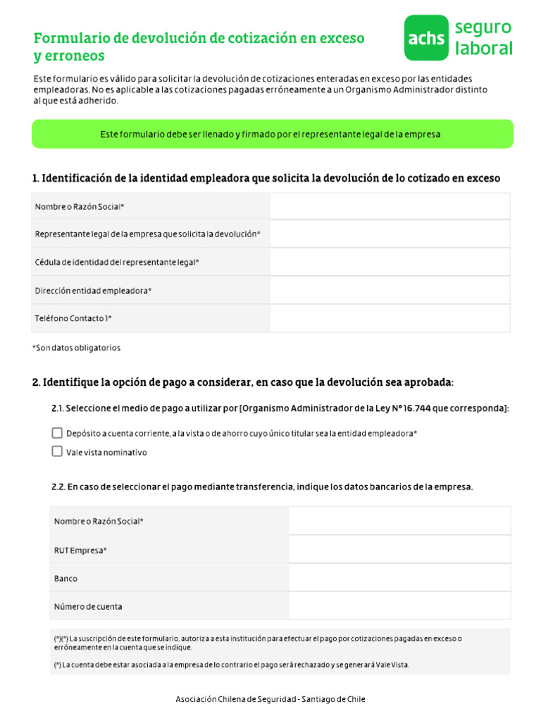 Formulario Solicitud de Devolución de Cotizaciones Pagadas en Exceso | PDF