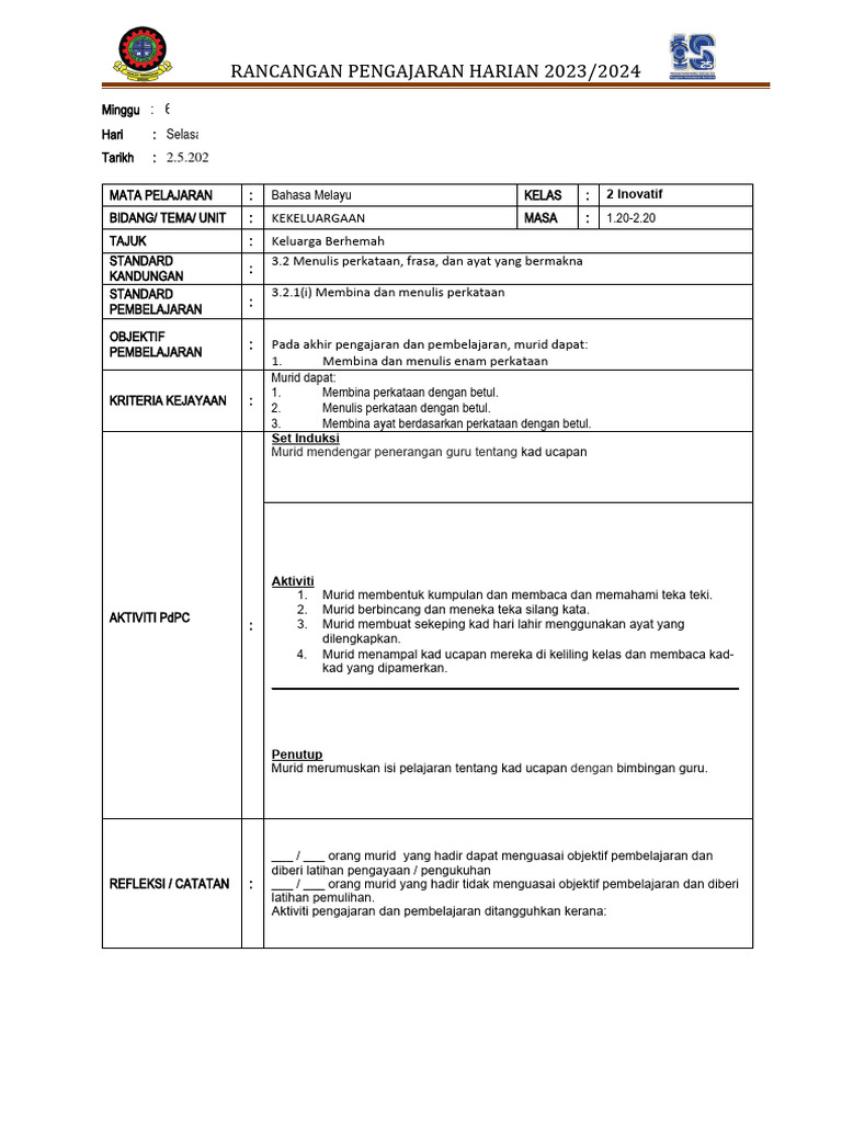 RPH BM 2023 Tahun 2 | PDF | Karier & Perkembangan | Seni & Disiplin Bahasa