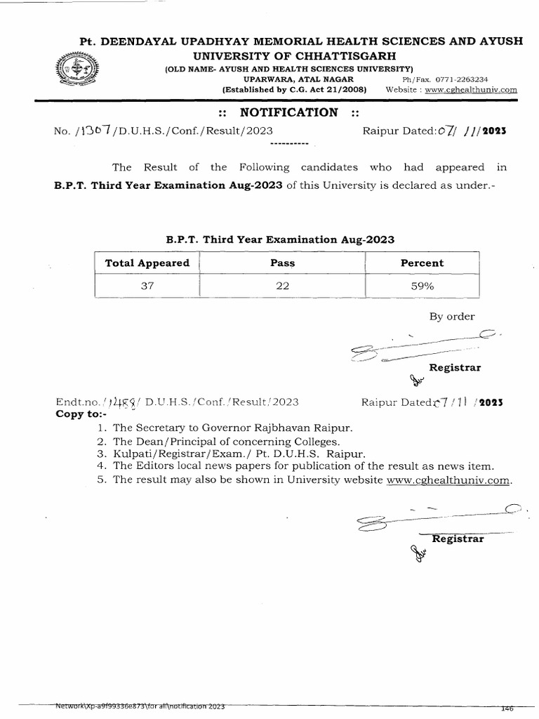 Result of BPT 3rd Year Exam Aug 2023 | PDF