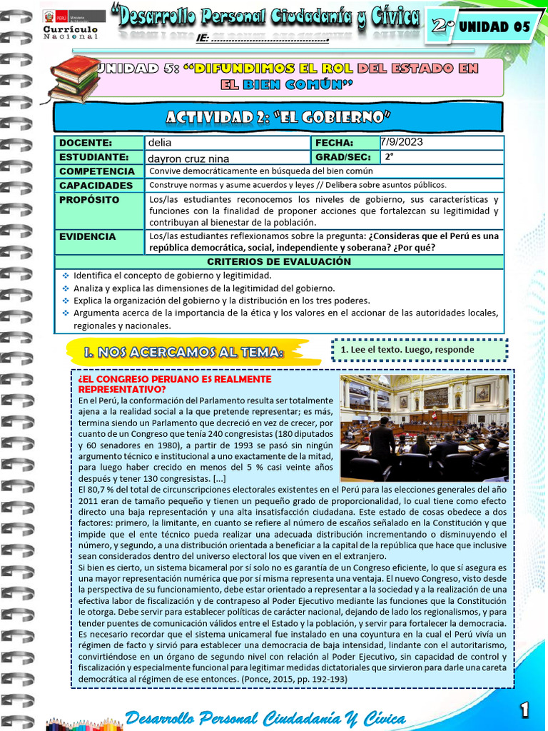 2° DPCC - Actv.02-Unid.5 2023 | PDF | Gobierno | Democracia