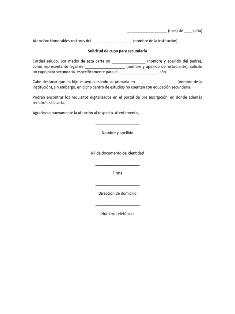 Ejemplo de Carta de Solicitud de Cupo Académico Para Secundaria | PDF