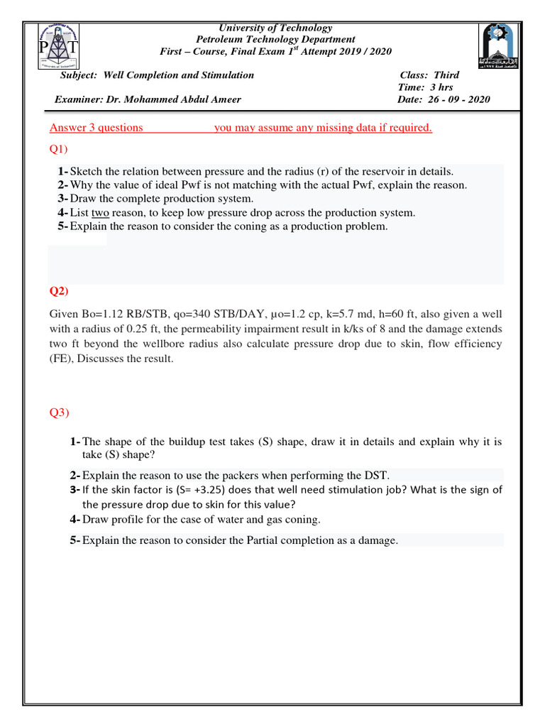Final Exam First Term Well Completion 2019 2020 Secound Sample | PDF