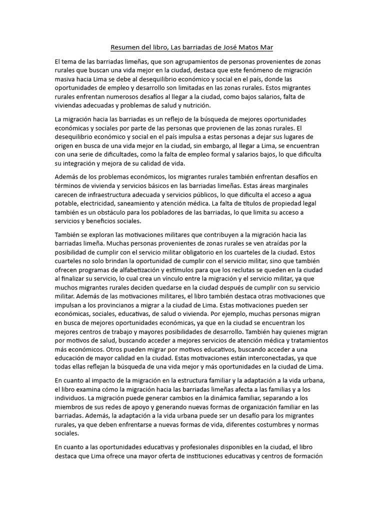 Resumen Del Libro Las Barriadas de Jose MATOS MAR | PDF | Migración ...