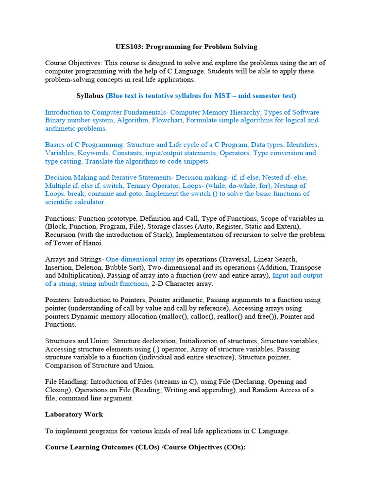 UES103 Syllabus | Download Free PDF | C (Programming Language) | Pointer (Computer Programming)