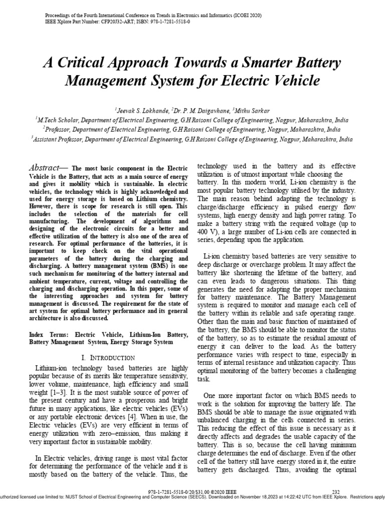 A Critical Approach Towards A Smarter Battery Management System For ... A Critical Approach Towards A Smarter Battery Management System For ...