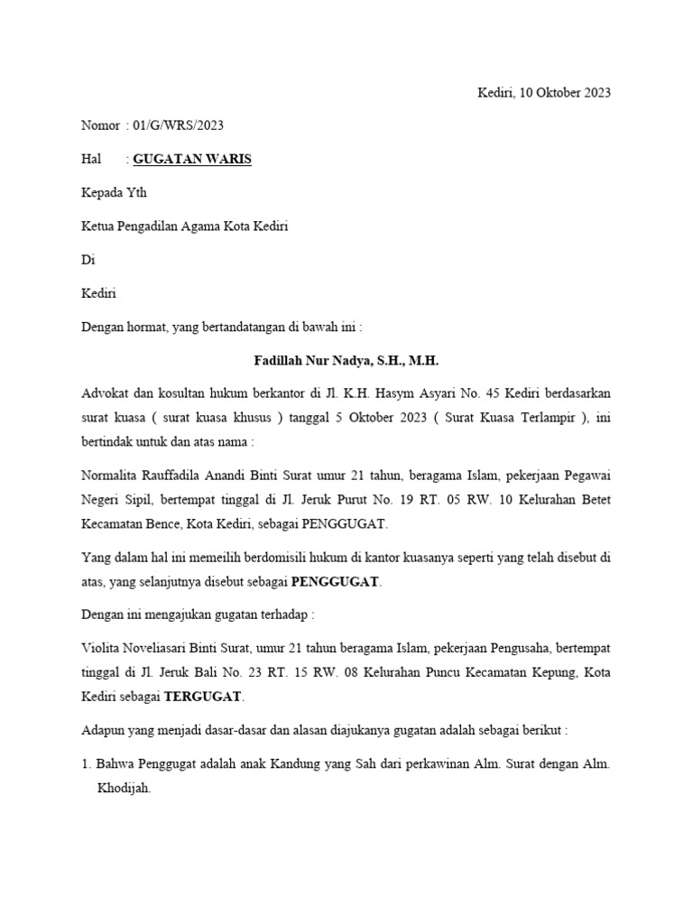 SURAT GUGATAN Waris | PDF