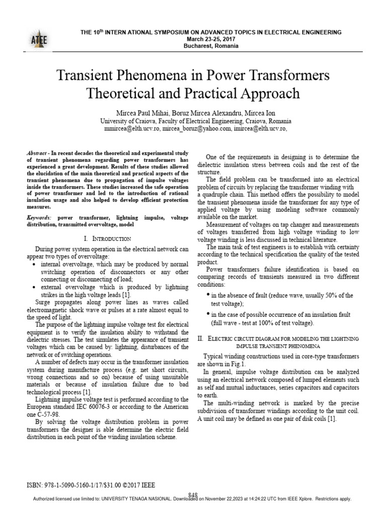 Transient Phenomena In Power Transformers Theoretical And Practical Approach Pdf Transformer
