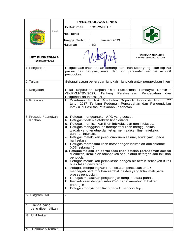 Sop Pengelolaan Linen | PDF
