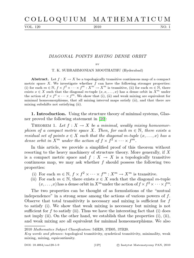 Diagonal Points Having Dense Orbit Pdf Compact Space Continuous Function