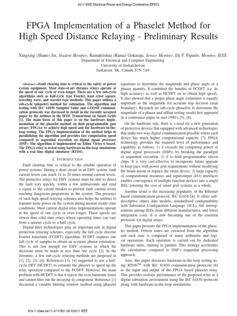 Fpga Implementation Of A Phaselet Method For High Speed Distance Relaying Preliminary Results