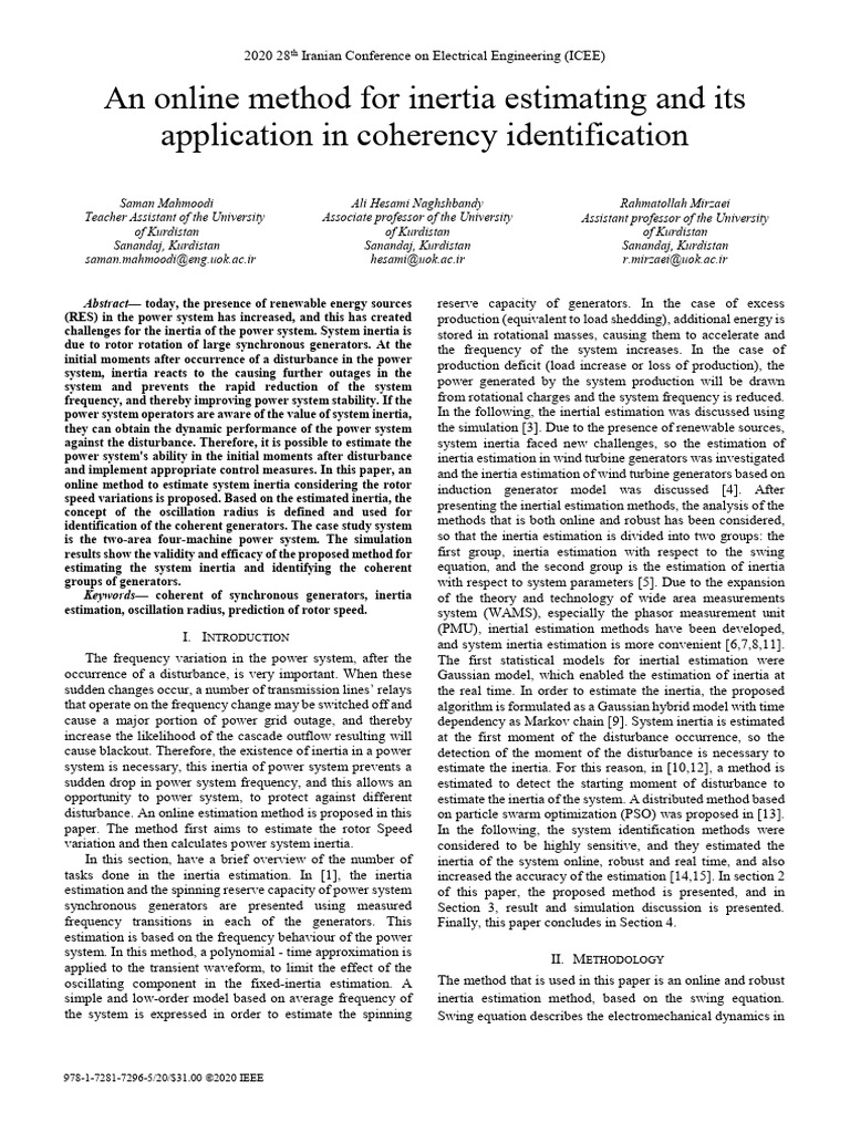 An Online Method For Inertia Estimating and Its Application in Coherency Identification | PDF ...