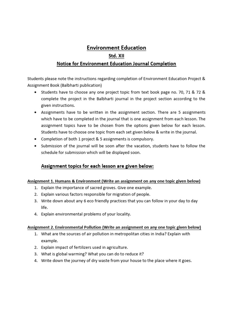 XII Environment Education Project & Assignments 2023-24 | PDF | Sustainability | Natural Environment