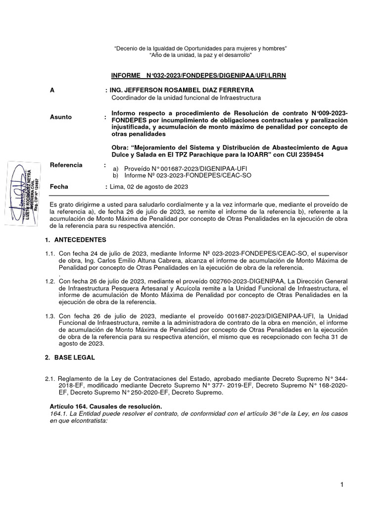 Informe #32 - Procedimiento de Resolucin de Contrato y Penalidad Maxima | PDF | Justicia ...