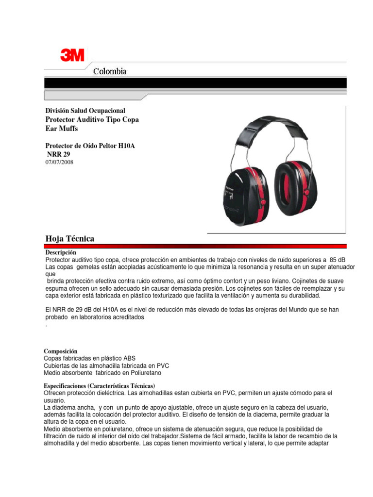 Ficha Técnica Protector Auditivo H10A 3M | PDF | ruido
