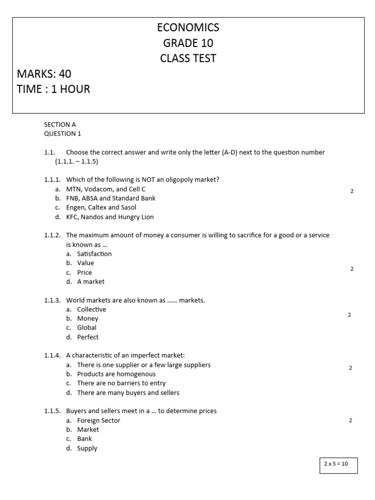 Grade 10 Economics Test | PDF | Supply And Demand | Economic Equilibrium