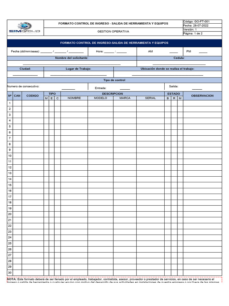 Go-Ft-001 Formato de Control de Ingreso - Salida de Herramienta y Equipos | PDF