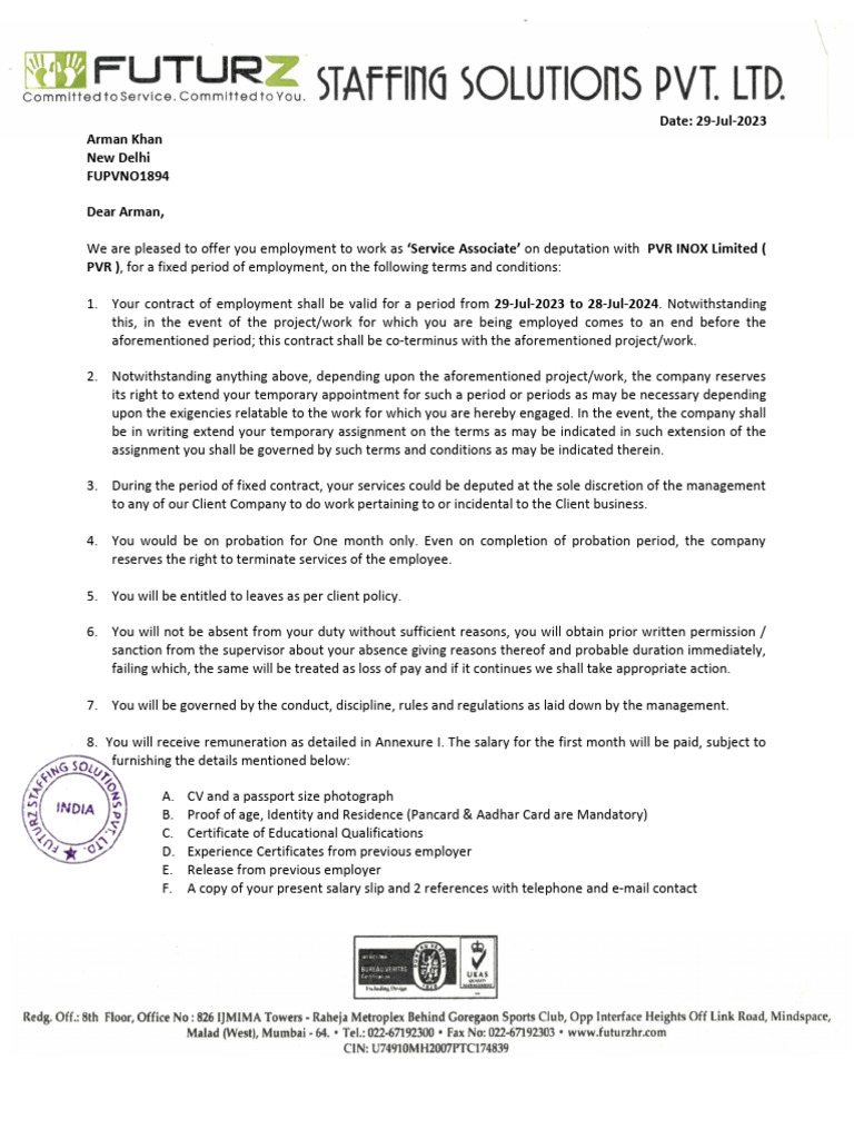 FUPVNO1894 Arman Khan's Digital Appointment Letter - PVR PDF | PDF ...