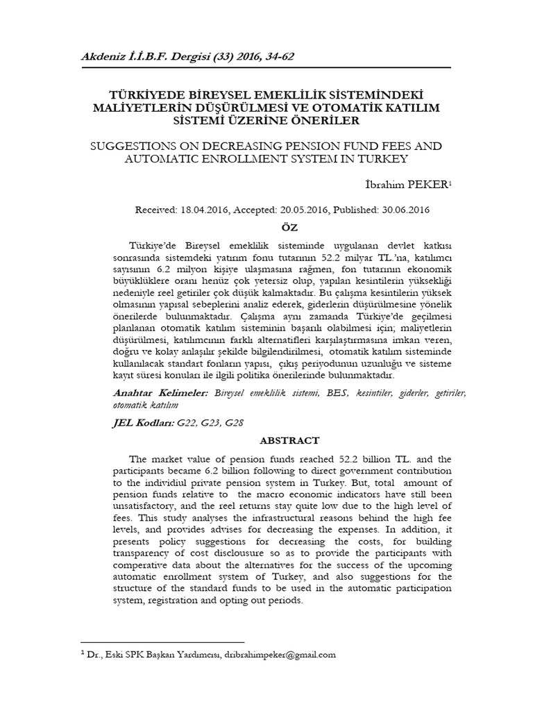 Türkiyede Bireysel Emeklilik Sistemi (Pension Fund System in Turkey | PDF