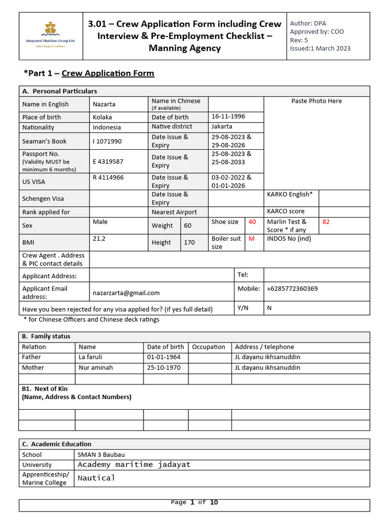 3.01 - CV - Crew Application Form Including Crew Interview 0 Pre ...