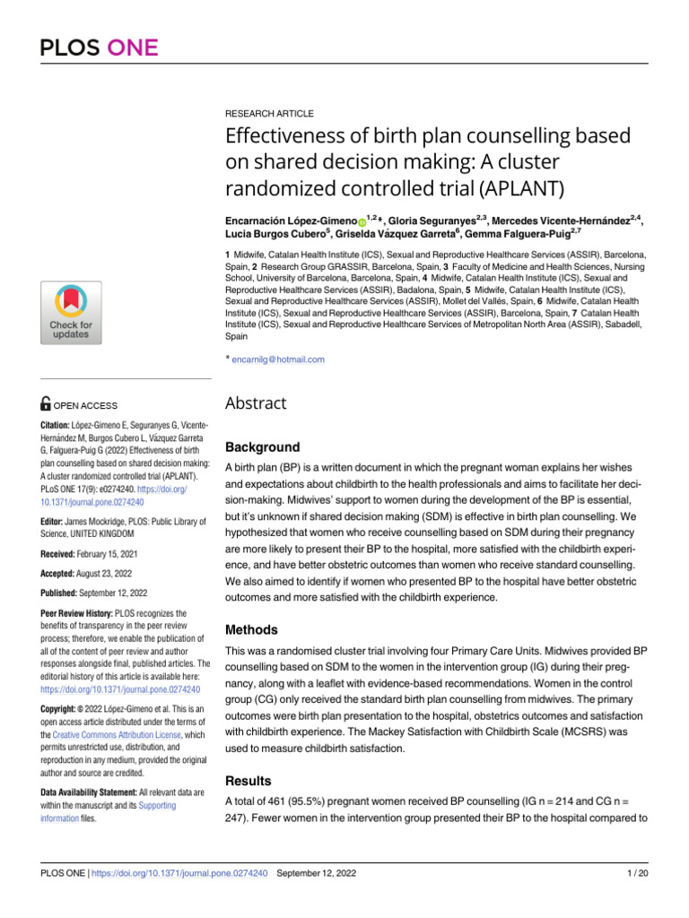 Effectiveness of Birth Plan Counselling Based On Shared Decision Making - A Cluster Randomized ...
