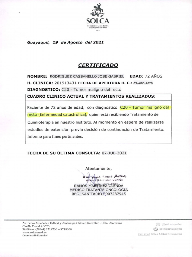 Solca: Certificado | PDF | Oncología | Cáncer