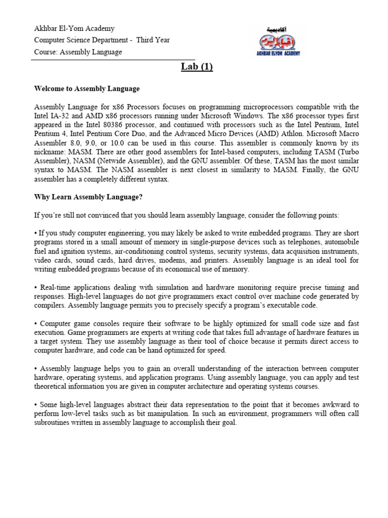 Assembly Lab 1 | PDF | Assembly Language | Computer Program
