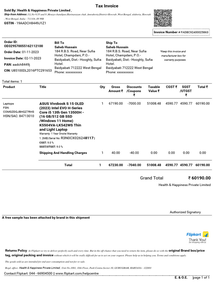 Laptop Bill | PDF | Personal Computers | Computer Hardware