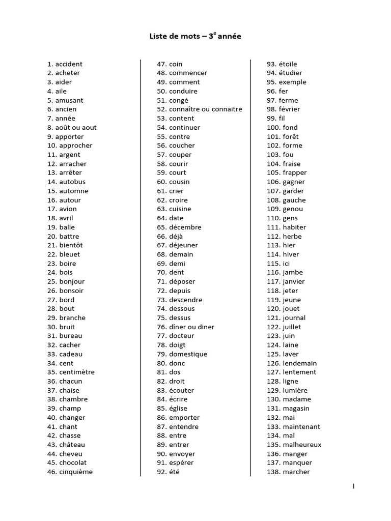 Liste de Mots 3e À 5e Année | PDF