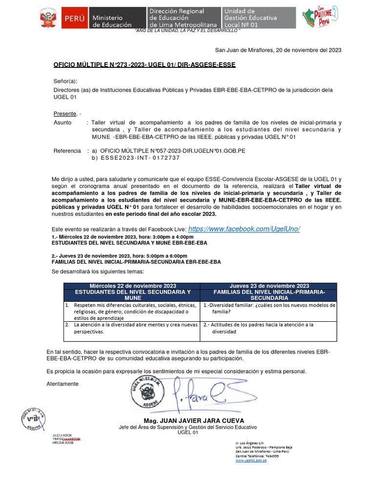 OFICIO MULTIPLE N°273 -2023-ASGESE; ESSE | PDF