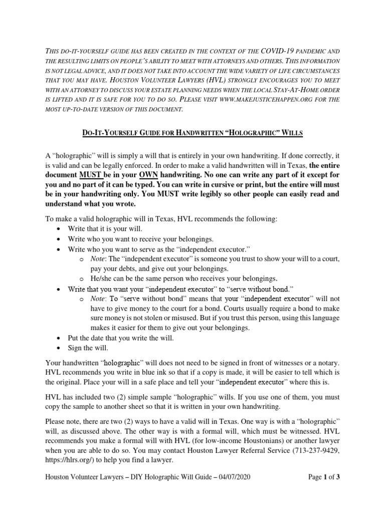 Final DIY Holographic Will Packet 04-07-20 | PDF | Will And Testament ...