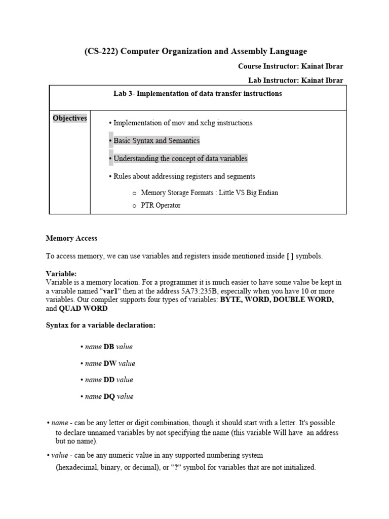 Assembly Language Lab Guide | PDF | Variable (Computer Science) | Assembly Language