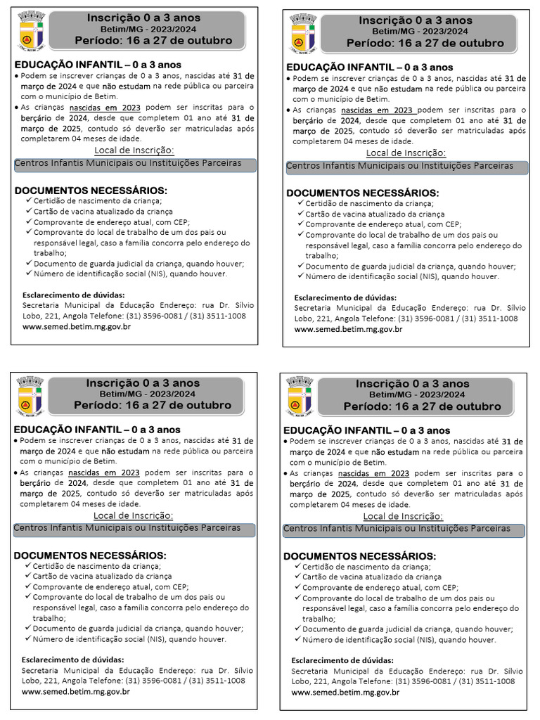 Bilhete Cadastro Escolar - 0 A 3 Anos 2023-2024 | PDF | Pré-escola
